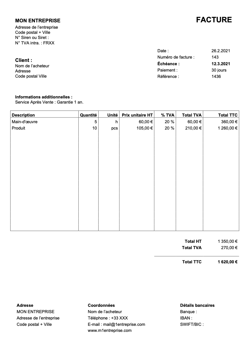Facture Word a Télécharger - 100% Gratuit - Word/PDF