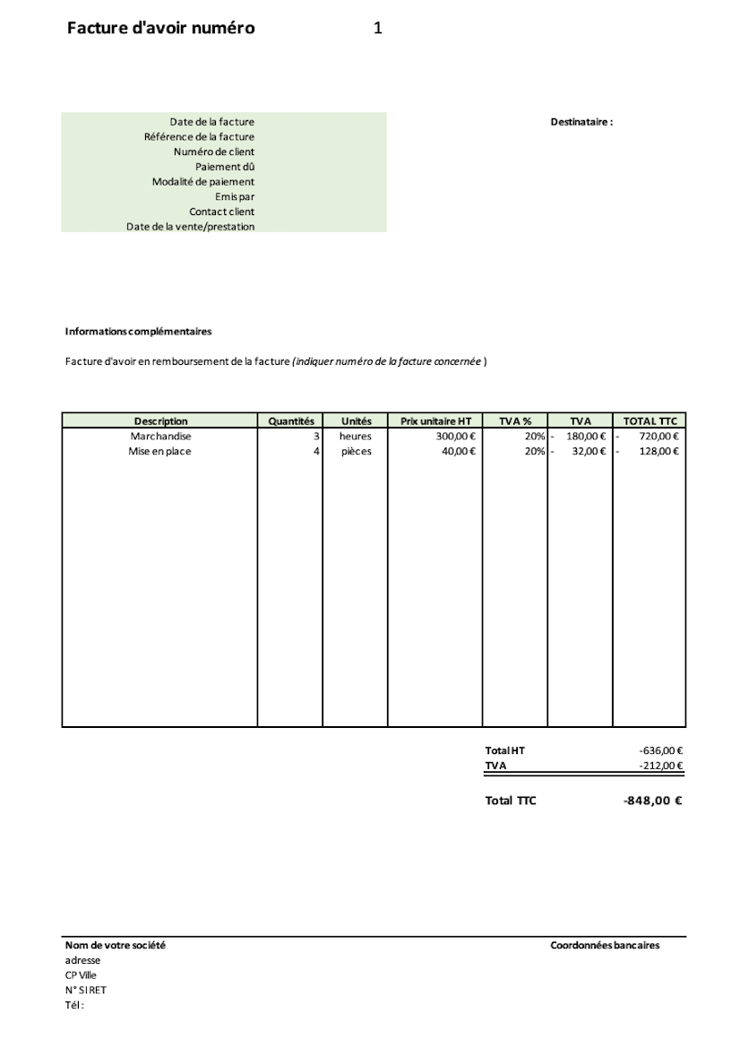 Modele de facture d'avoir Excel a Télécharger - Gratuit