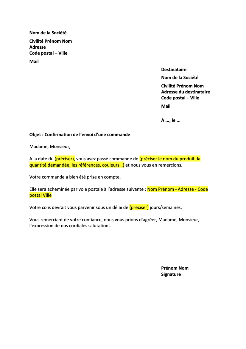 Modèle de confirmation de l'envoi d'une commande - Word